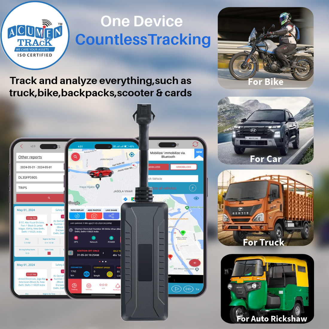 Acumen 4G GPS Tracker for Cars, Bike Trucks, with 300 Mah inbuilt ...